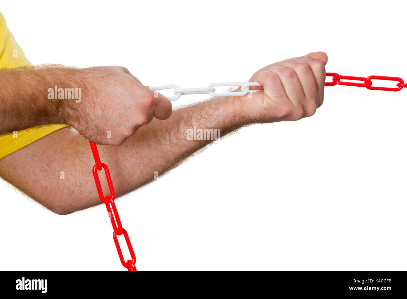 Hands Pulling A Red And White Chain Stock Photo - Alamy