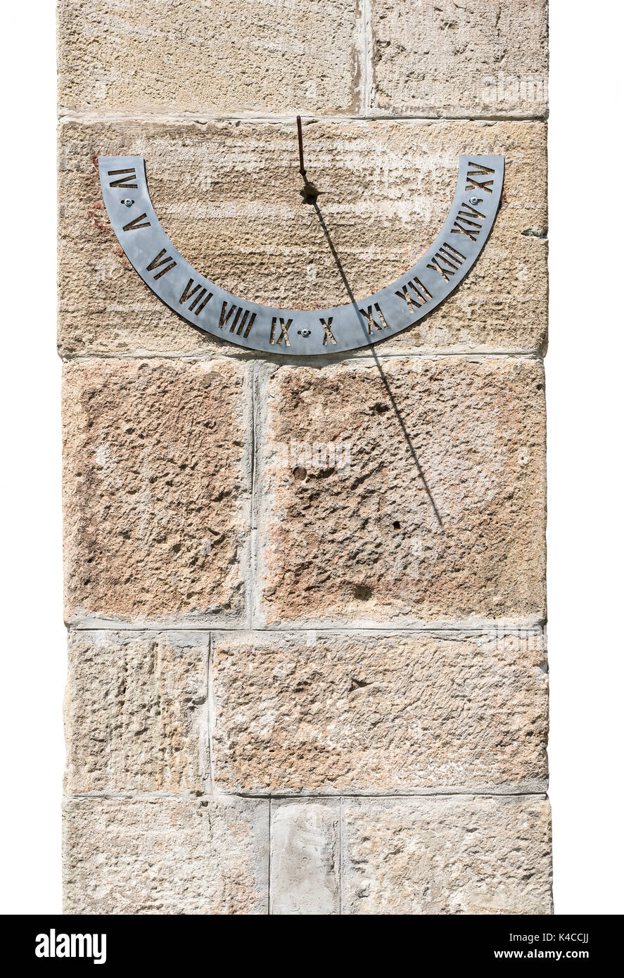 Old fashioned sun dial on a stone wall isolated on white. Solar Clock ...
