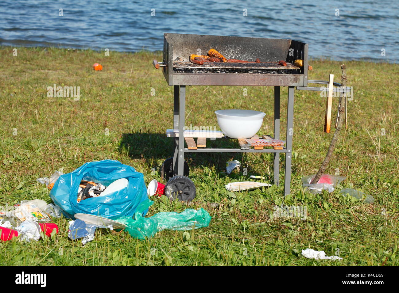 Garbage, rubbish after the Party on a meadow Stock Photo - Alamy