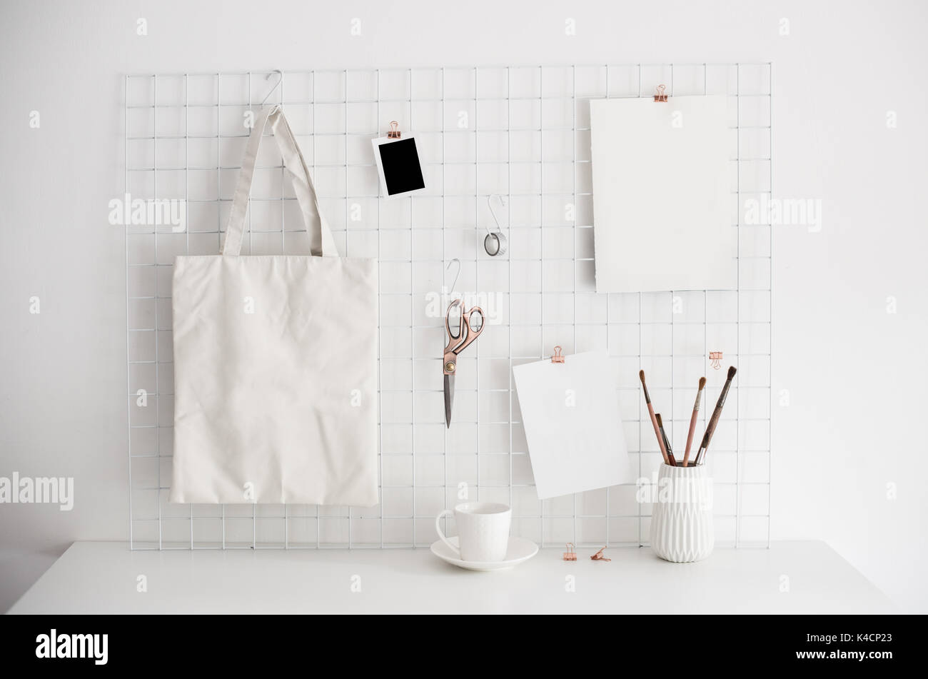 Clean and tidy workspace, white table top and office organizer with ...