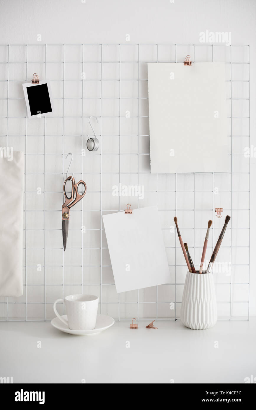 Clean and tidy workspace, white table top and office organizer with ...