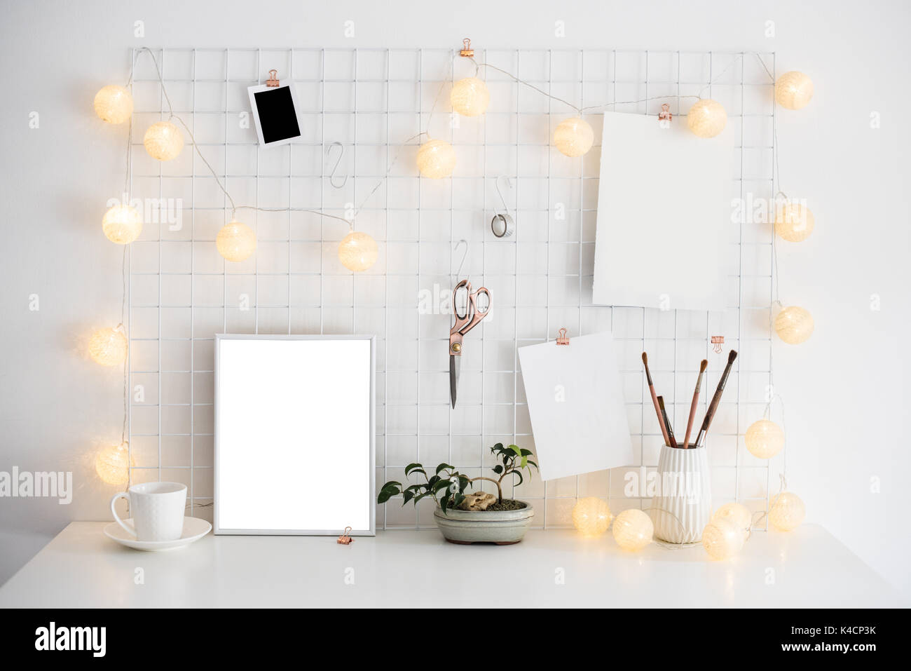 Clean and tidy workspace, white table top and office organizer with ...