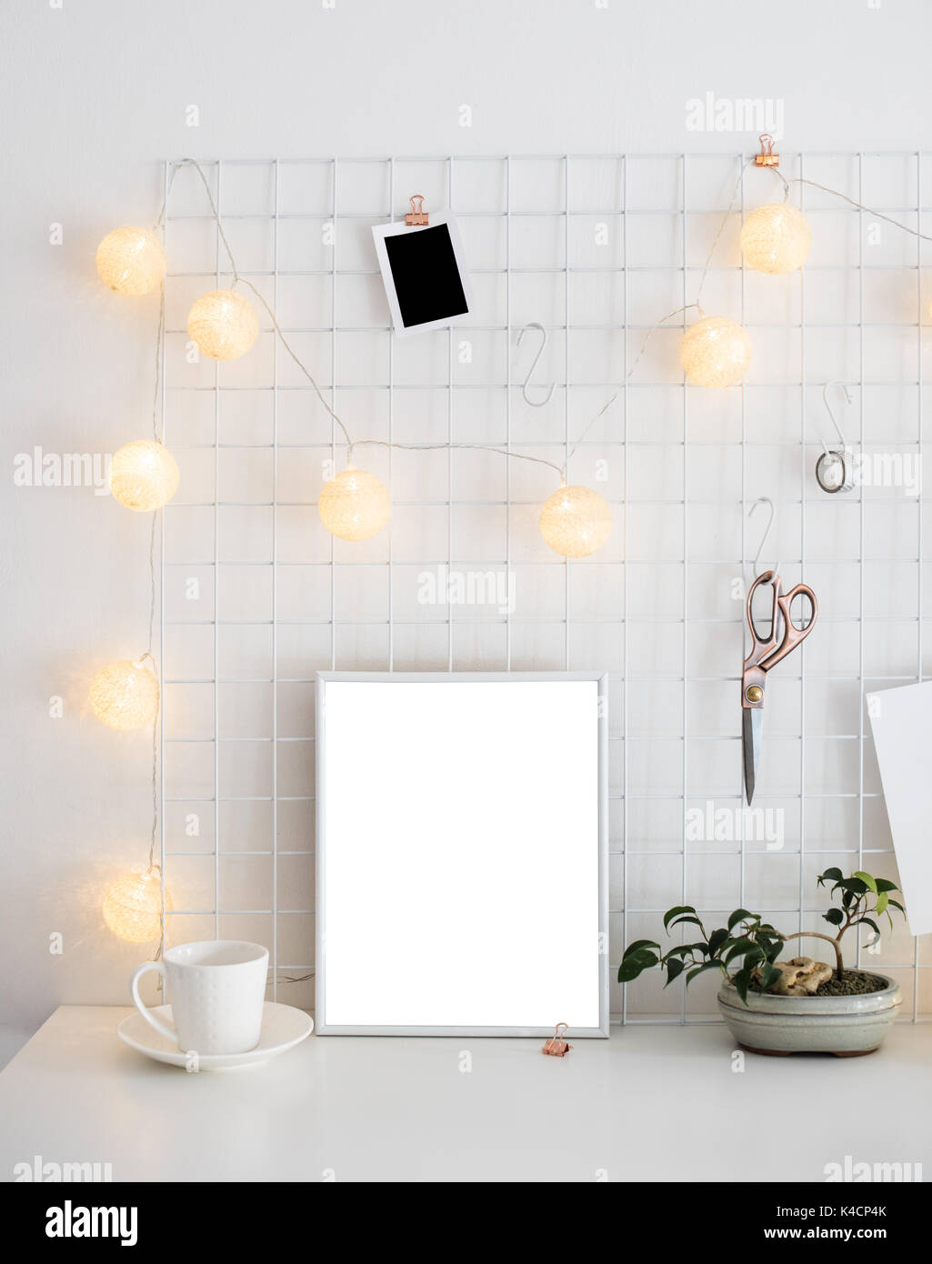 Clean and tidy workspace, white table top and office organizer with ...