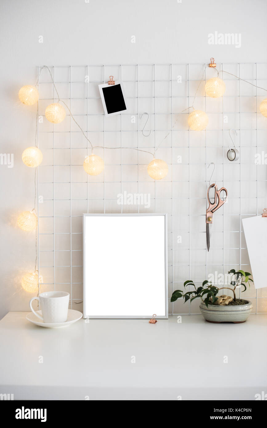 Clean and tidy workspace, white table top and office organizer with ...