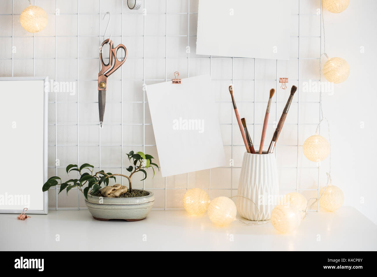 Clean and tidy workspace, white table top and office organizer with ...