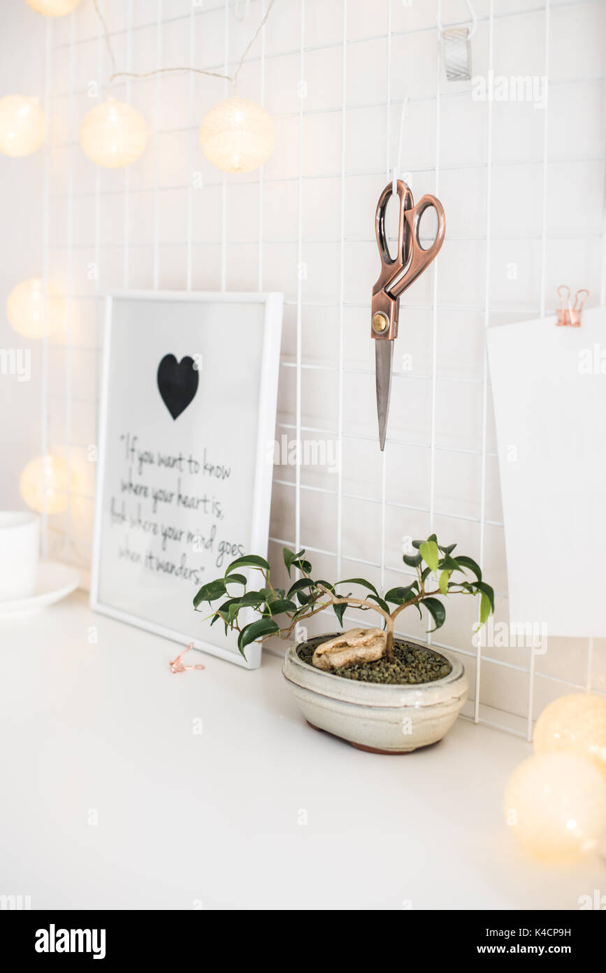 Clean and tidy workspace, white table top and office organizer with ...