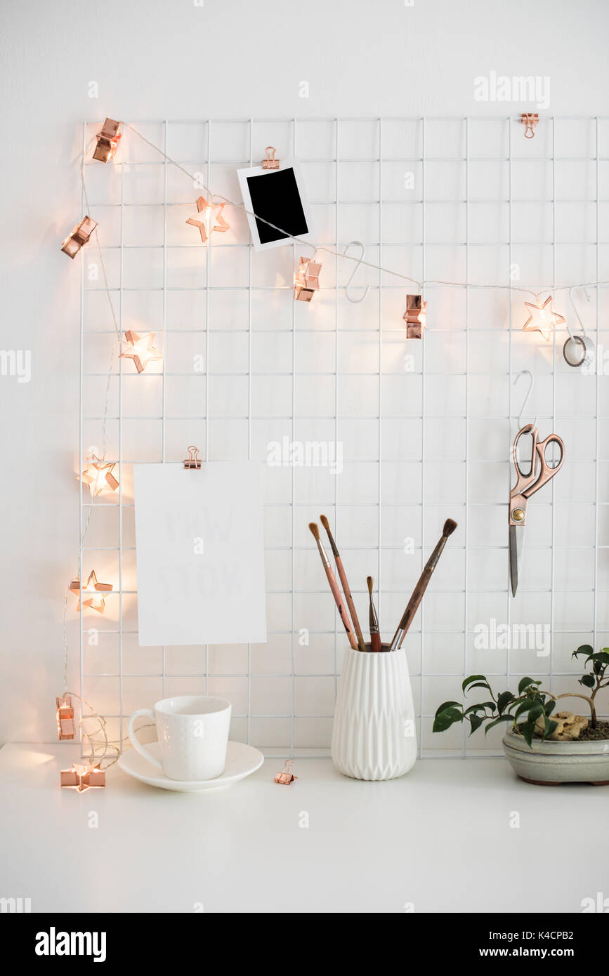 Clean and tidy workspace, white table top and office organizer with ...