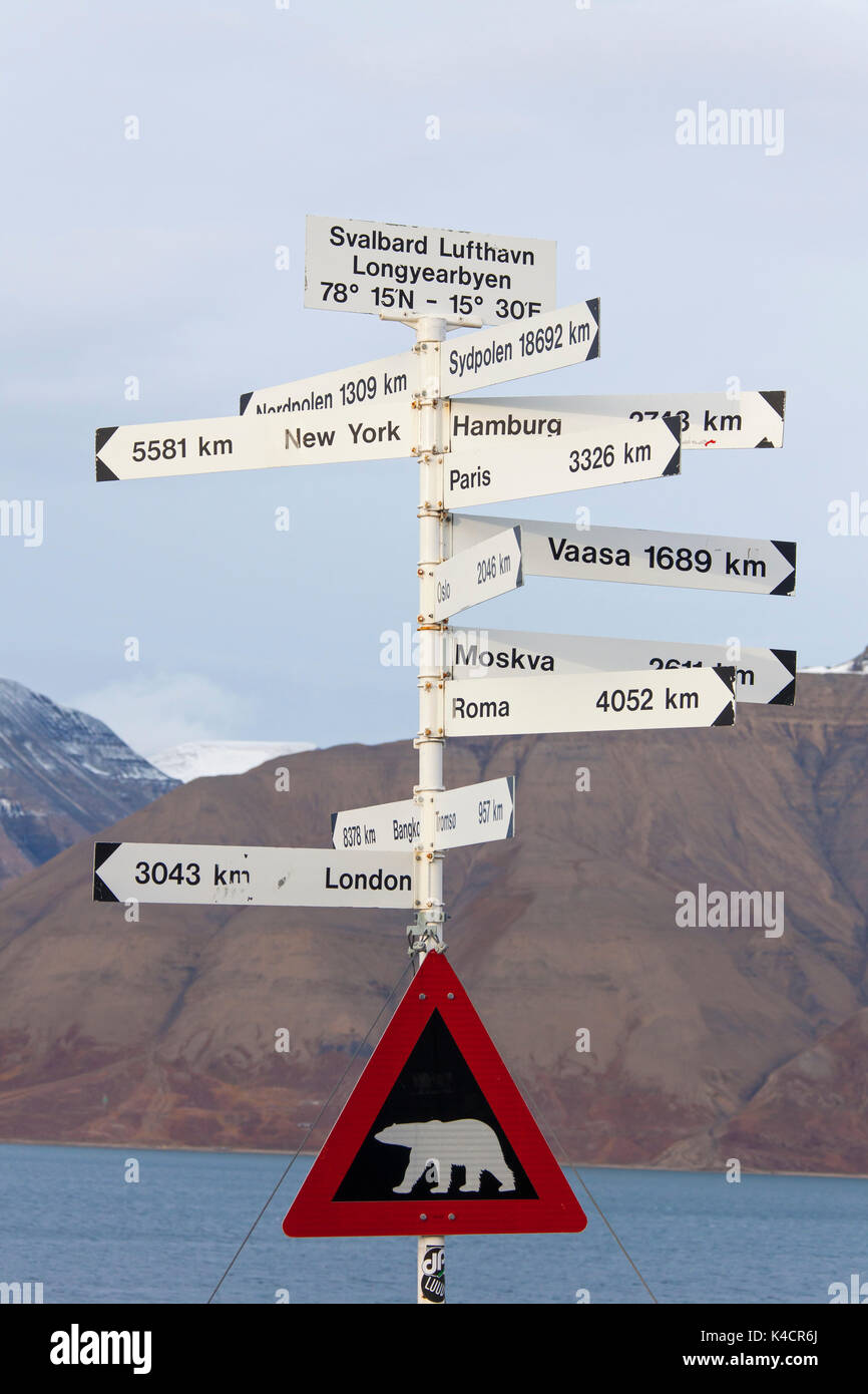 Signpost and Polar bear warning sign at Spitsbergen / Svalbard Stock ...