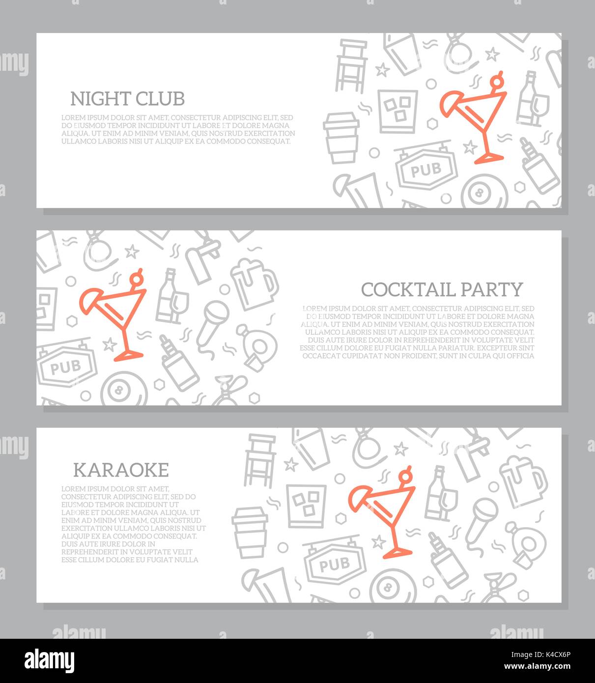 Set of three digital night club and cocktail bar horizontal banners ...