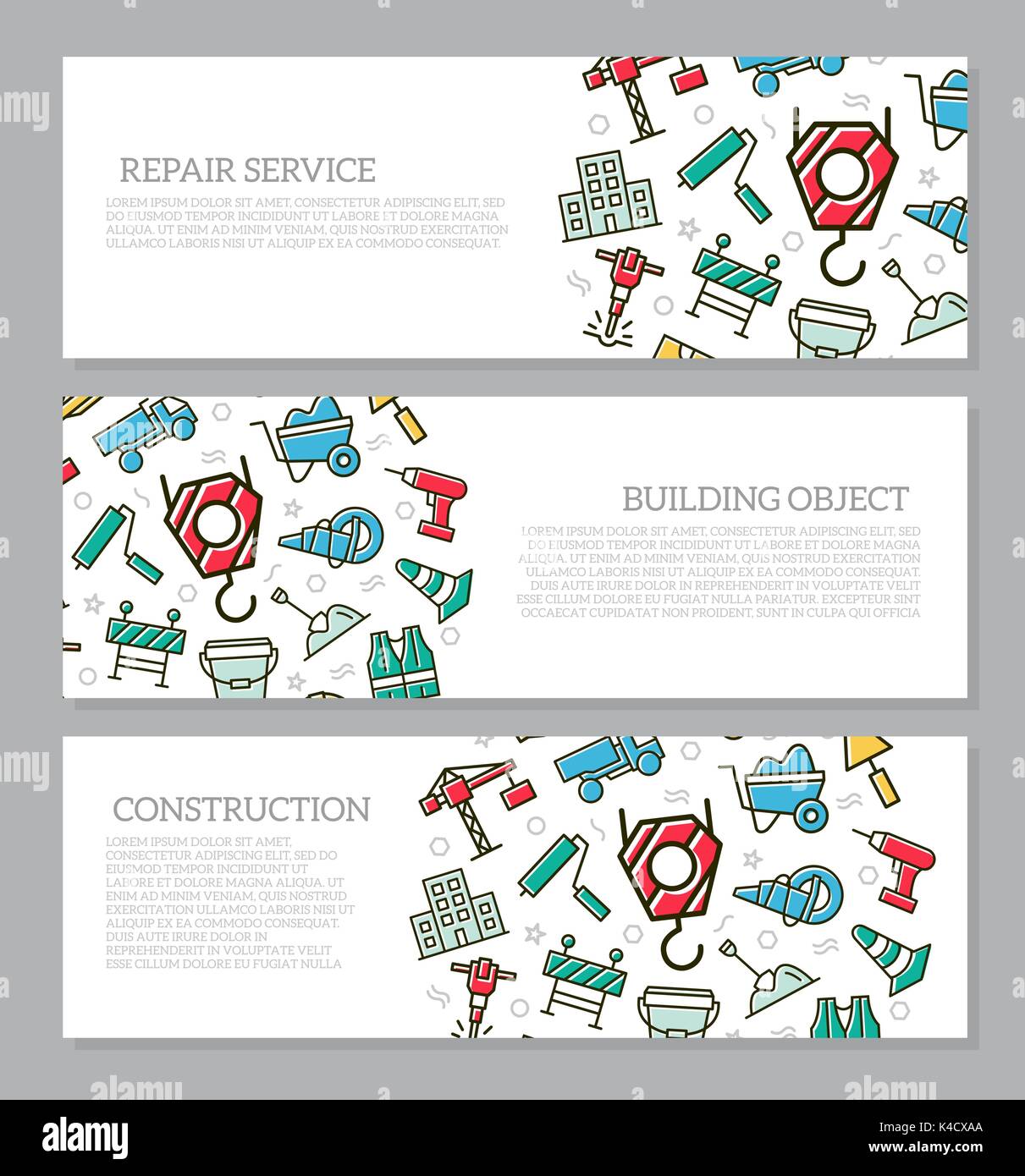 Set of three digital construction horizontal banners with icon pattern ...