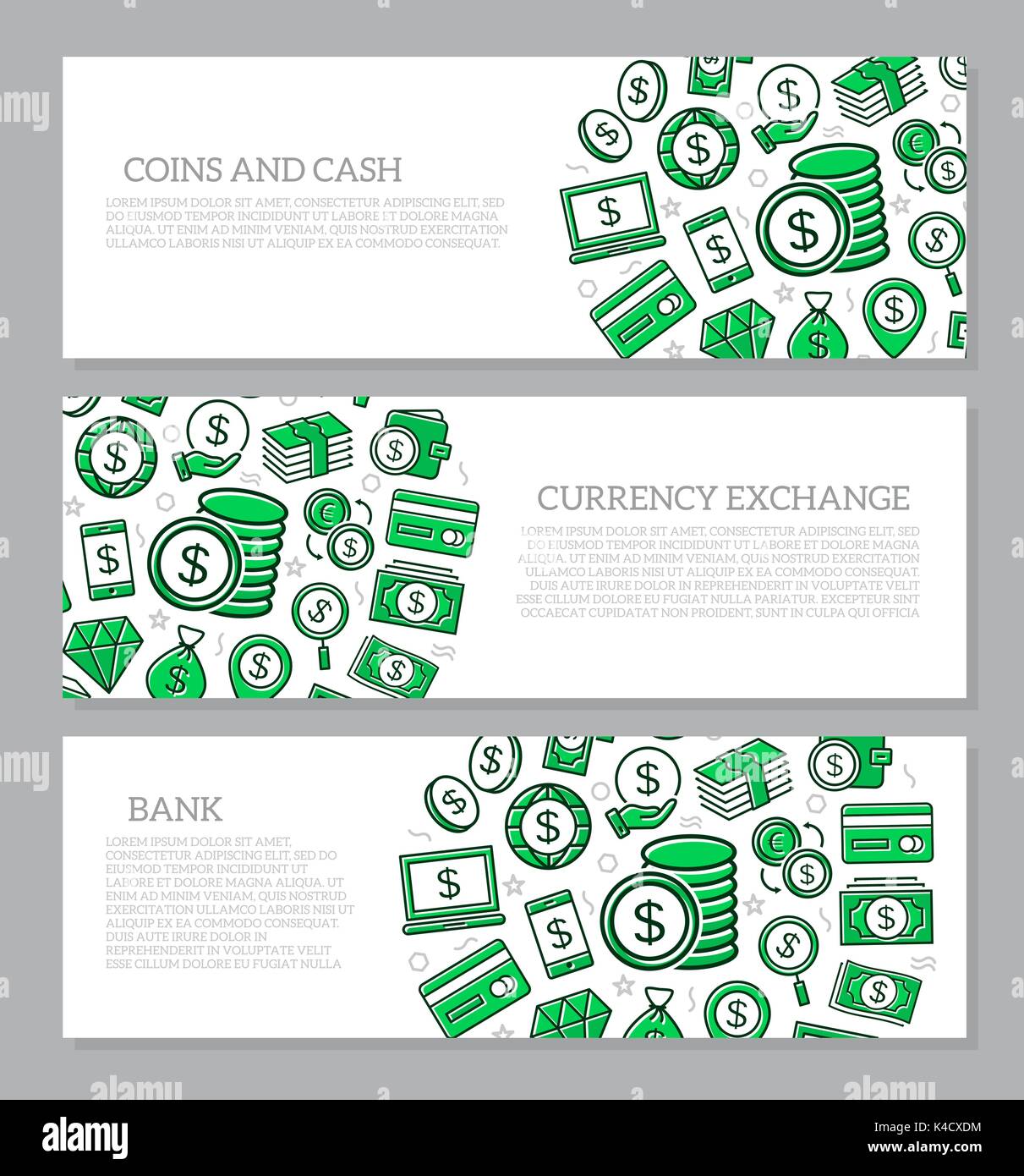 Set of three digital money and bank horizontal banners with icon ...