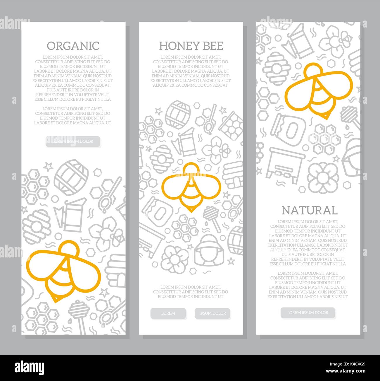Set of three digital honey and bee vertical banners with icon pattern ...