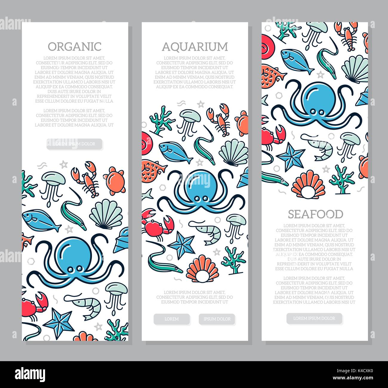 Set of three digital fish and seafood vertical banners with icon ...