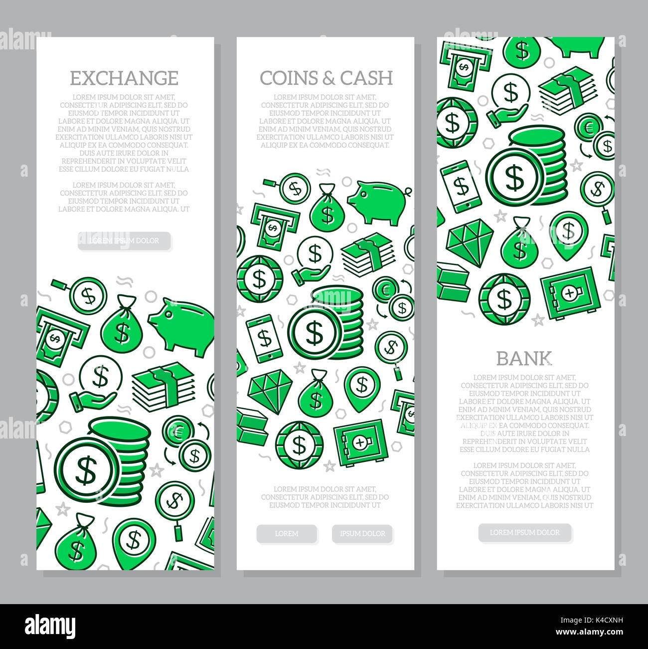 Set of three digital money and bank vertical banners with icon pattern ...