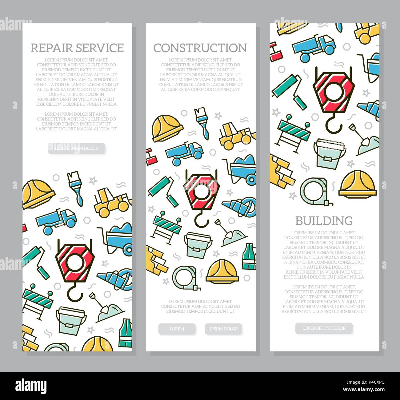 Set of three digital construction vertical banners with icon pattern ...
