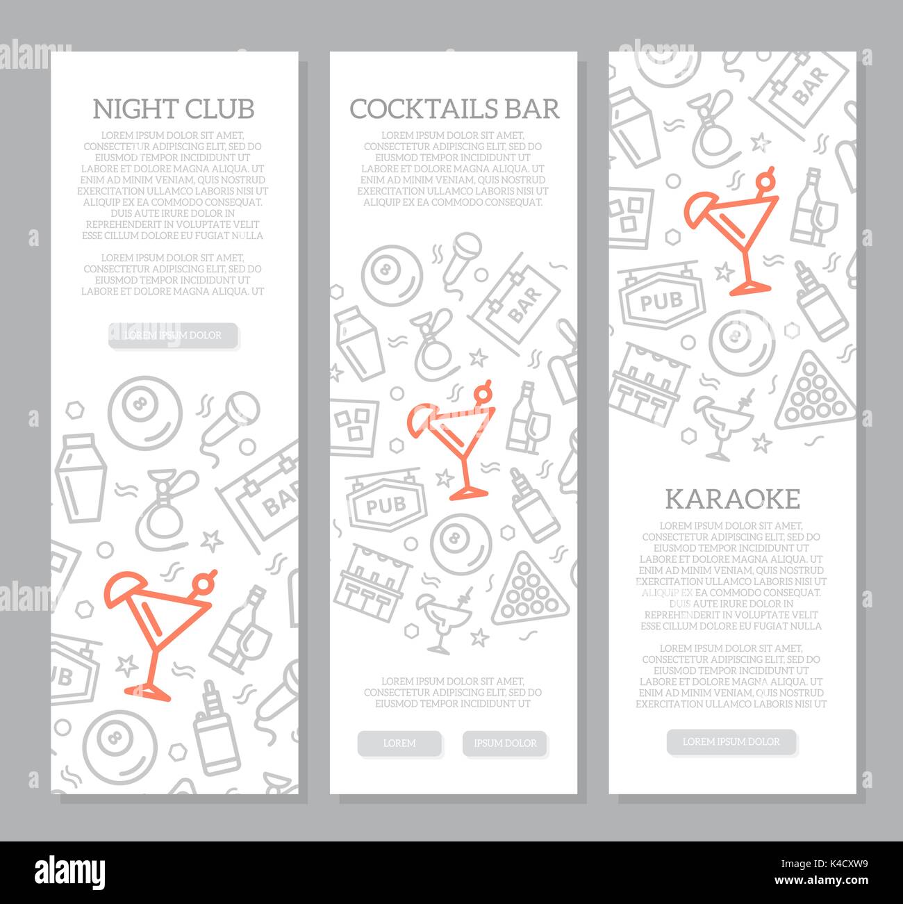 Set of three digital night club and cocktail bar vertical banners with ...
