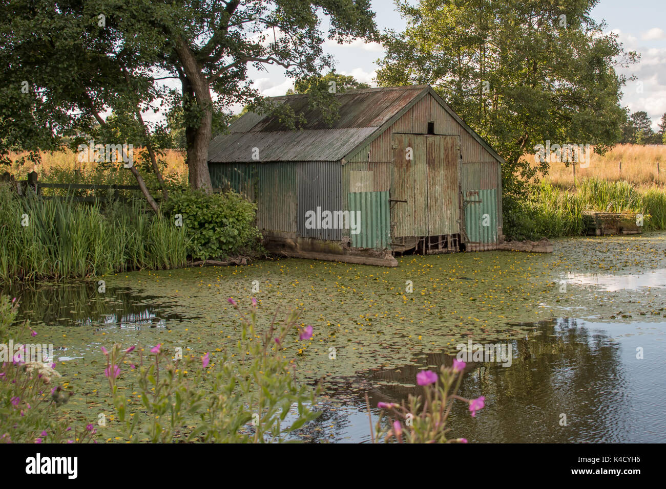 An old metal corrugated derelict boat shed a standing in the corner of ...