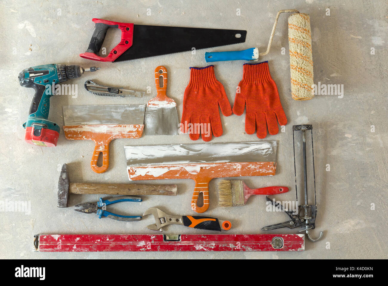 Construction tooling for renovation work, maintenance concept. Old used ...