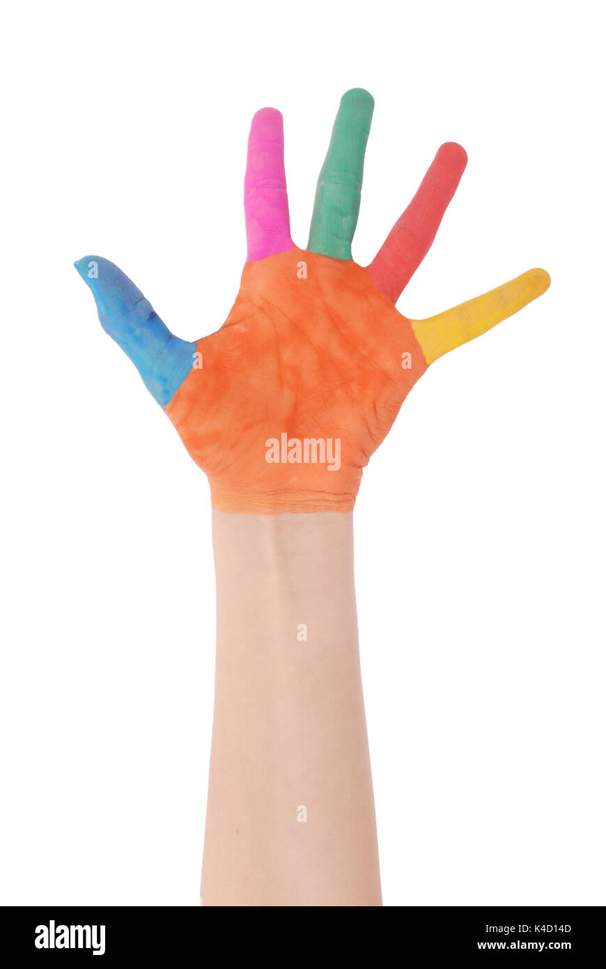 Hand of the child painted watercolor which shows a "five", colorful fun ...