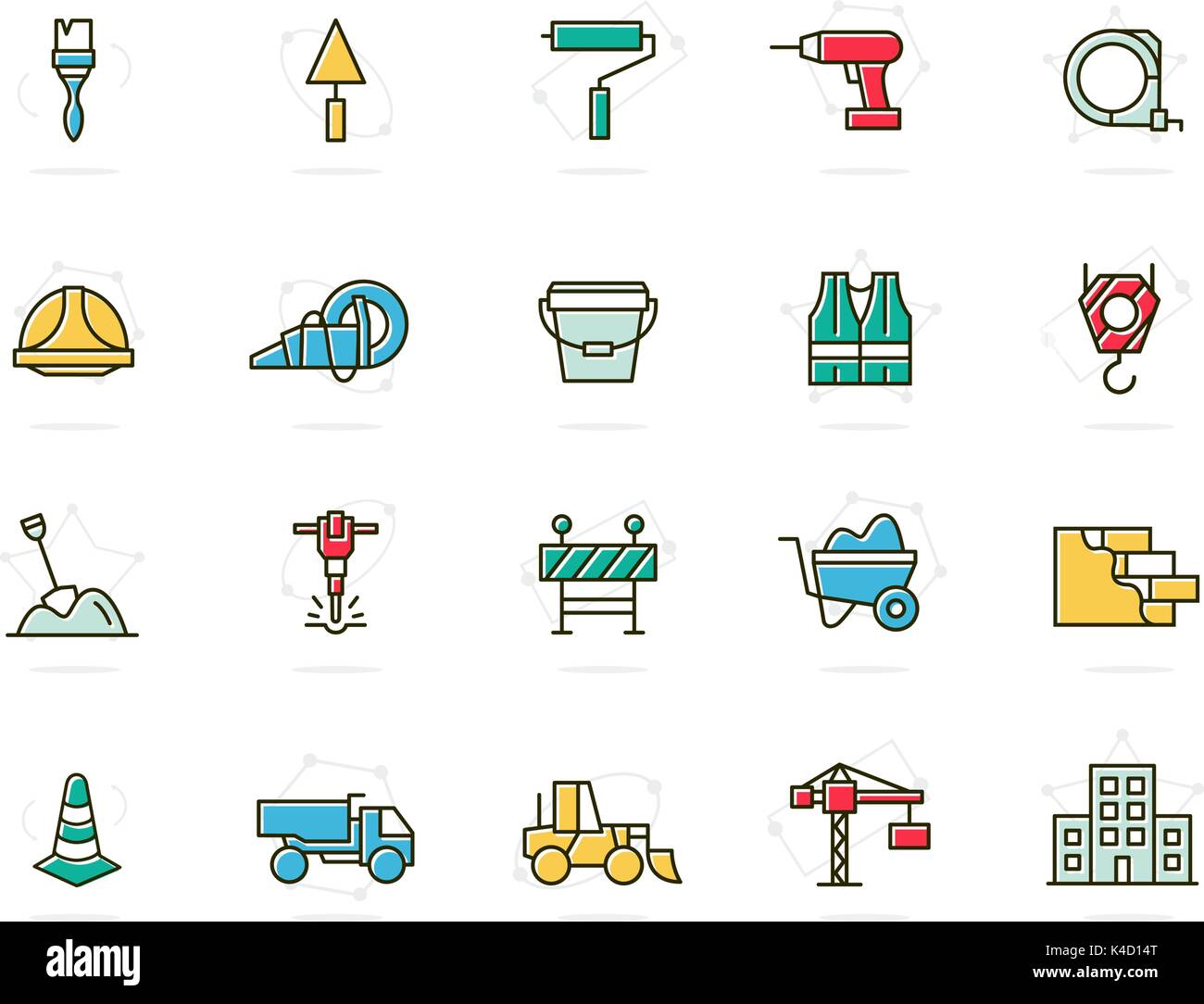 Set of vector construction and repair colored line icons. Brush, roller ...