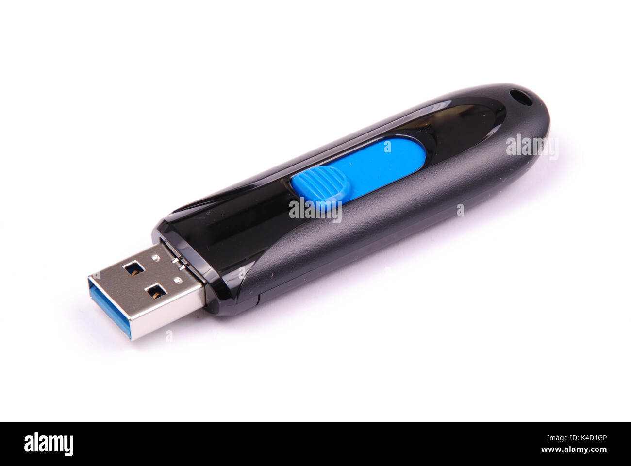Black and blue USB flash drive isolated on white background with soft ...