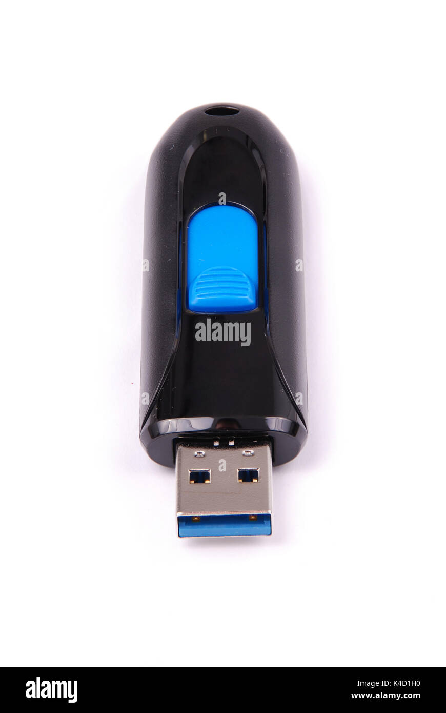 Black and blue USB flash drive isolated on white background with soft ...