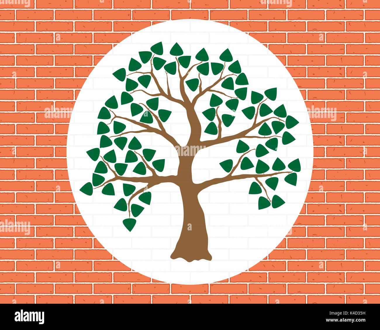 Tree illustration on orange-brick wall. Brown tree, green foliage ...
