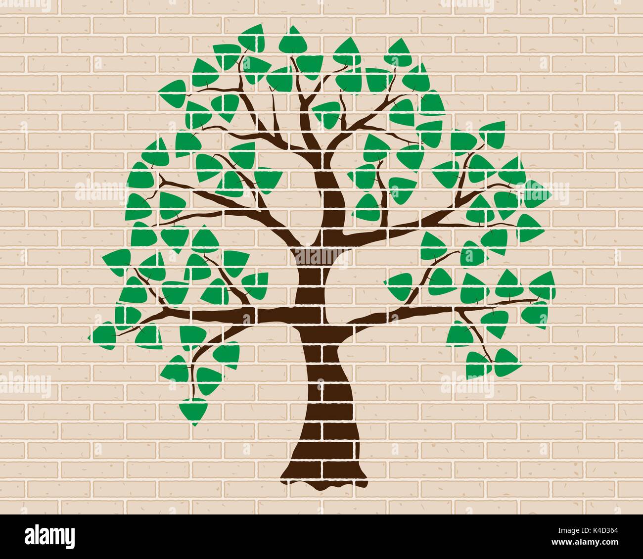 Tree illustration on beige-brick wall. Brown tree, green foliage ...