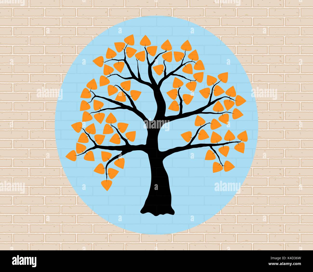 Tree illustration on the beige-brick wall. Black tree, orange foliage ...