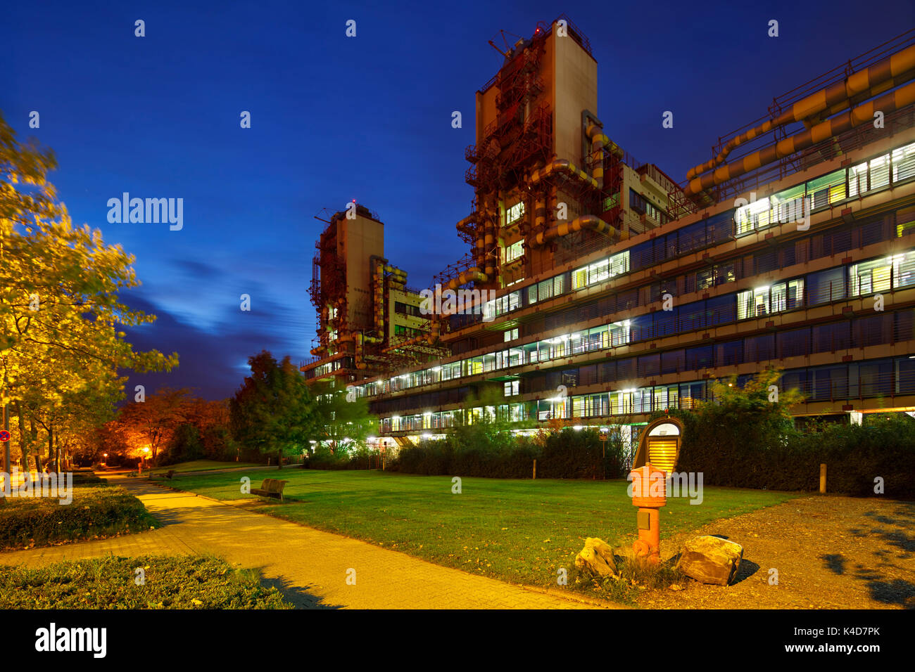 The modern university clinic of Aachen, Germany with night blue sky ...