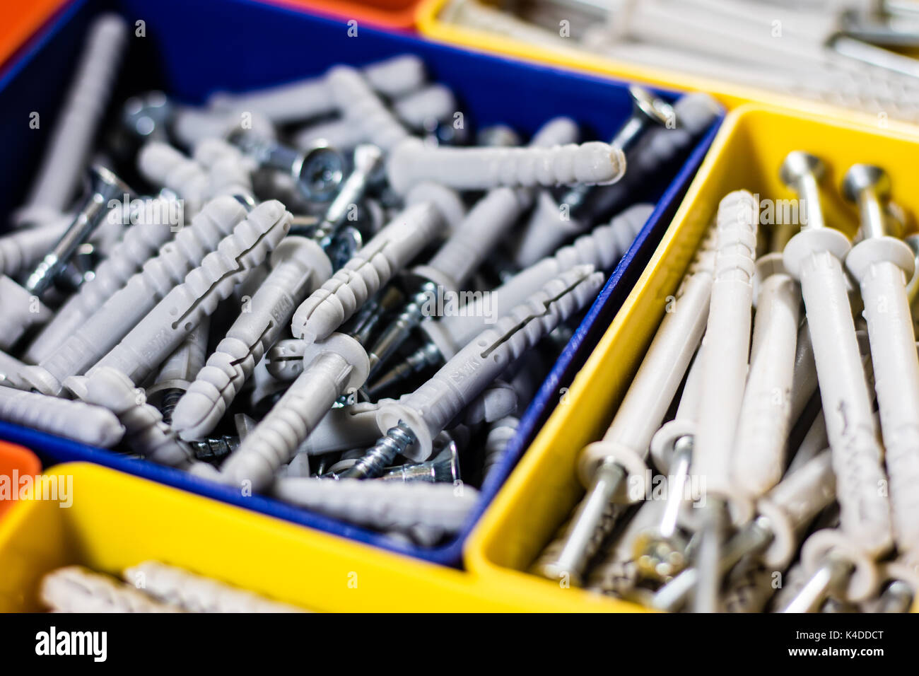 Screws segregated in plastic colored containers. Box for builder and ...