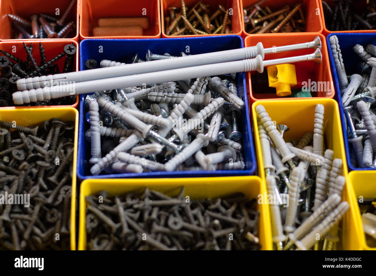 Screws segregated in plastic colored containers. Box for builder and ...