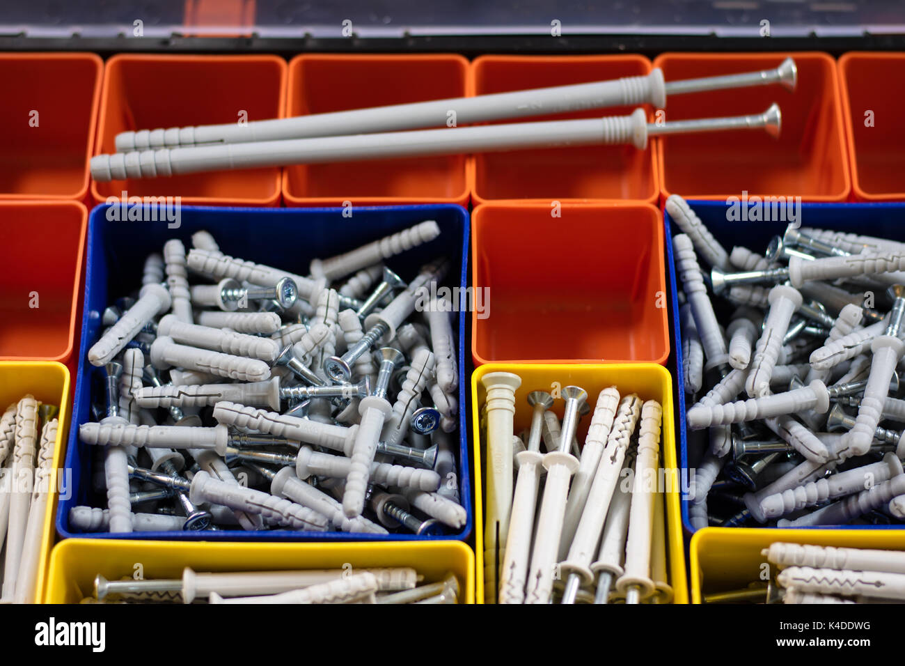 Screws segregated in plastic colored containers. Box for builder and ...
