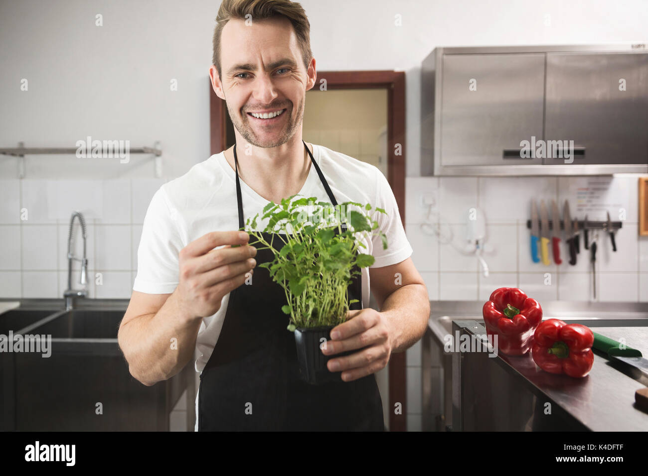 Front portrait of happy chef standing in kitchen holding lemon balm ...