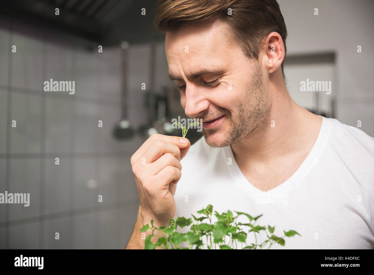 Close up portrait of chef in the kitchen smelling lemon balm Stock ...