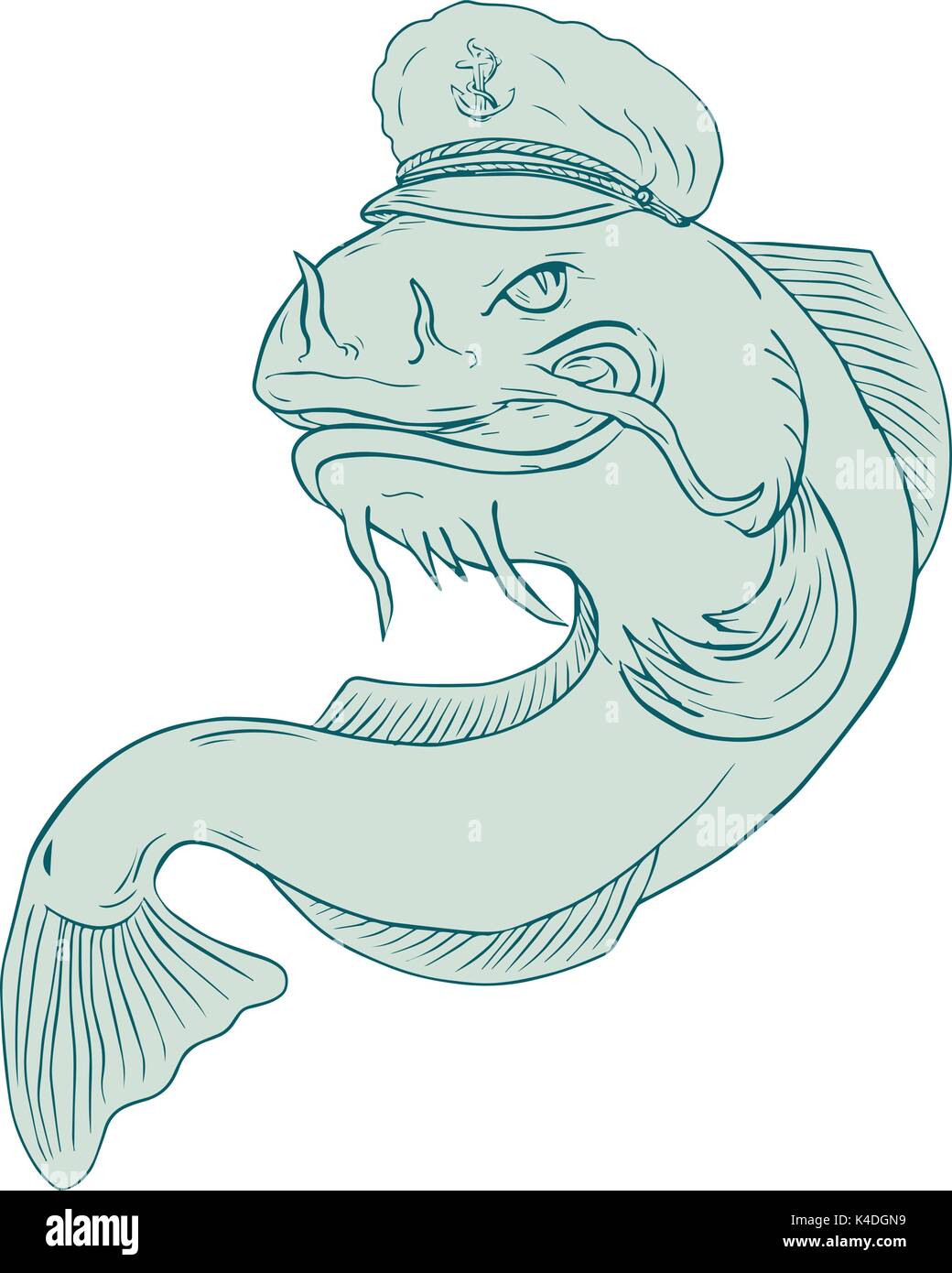 Drawing sketch style illustration of a catfish wearing sea captain hat ...