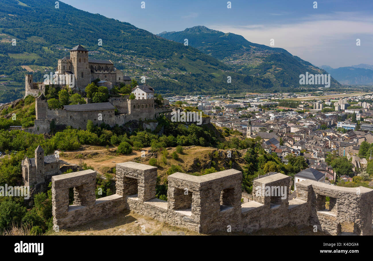SION, SWITZERLAND - Ramparts of Tourbillon Castle, foreground, and at ...