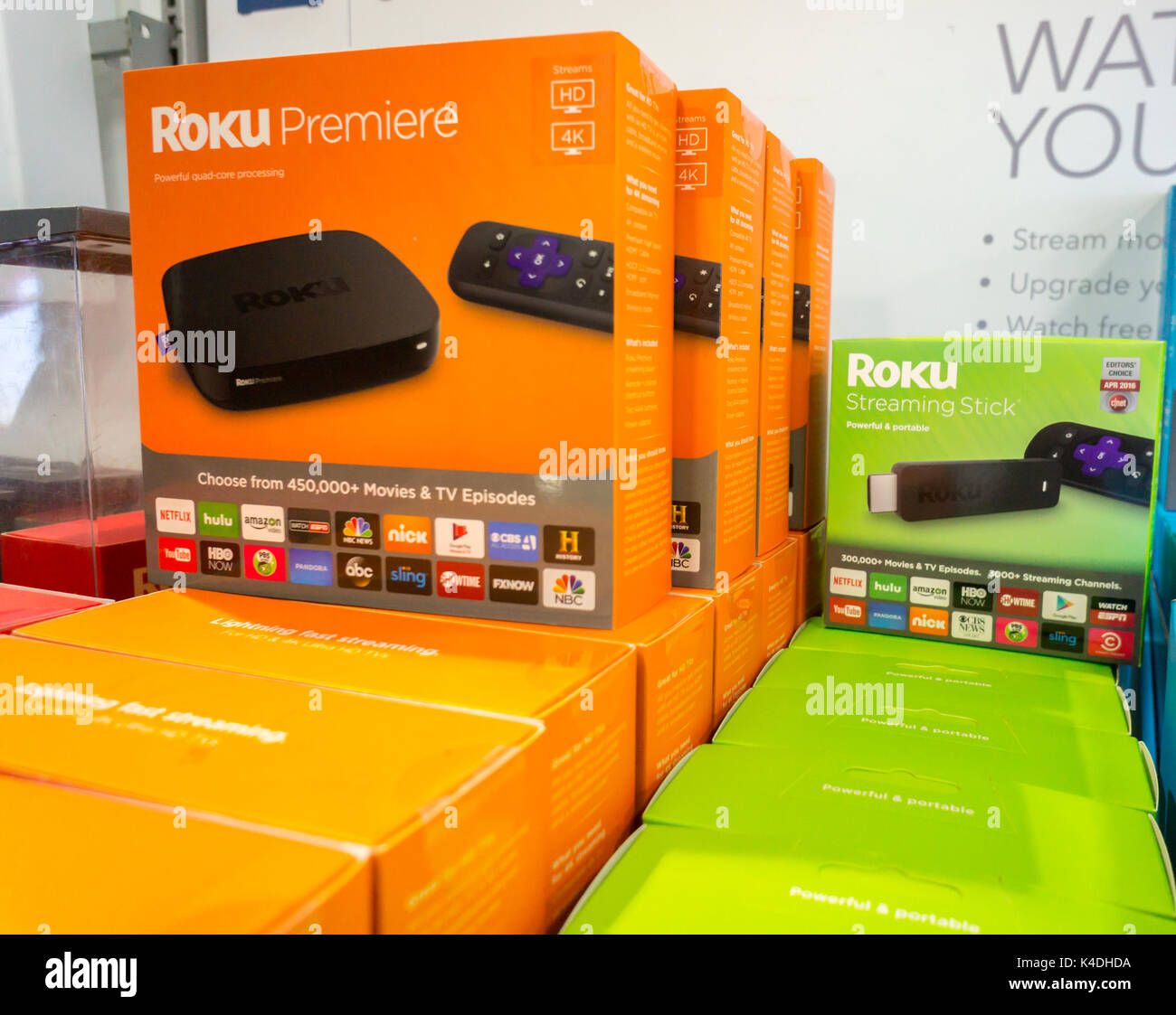 A selection of Roku video-streaming products on display in a Best Buy ...