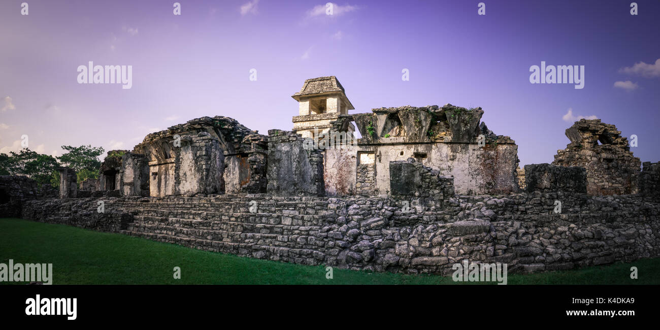 Color graded panoramic image of the ruins at the Palenque archeological ...