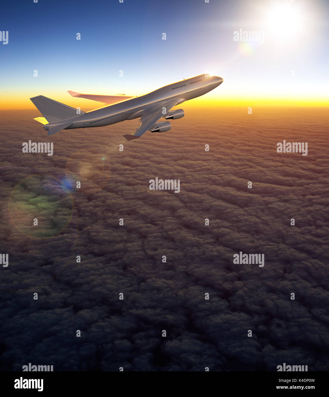 Airplane flying during sunset Stock Photo - Alamy