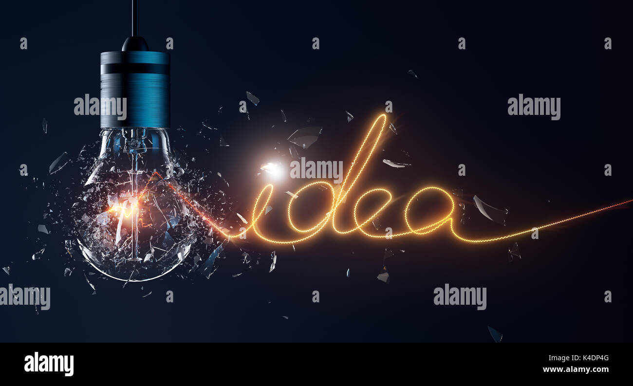 Exploding light bulb with idea word filament Stock Photo - Alamy