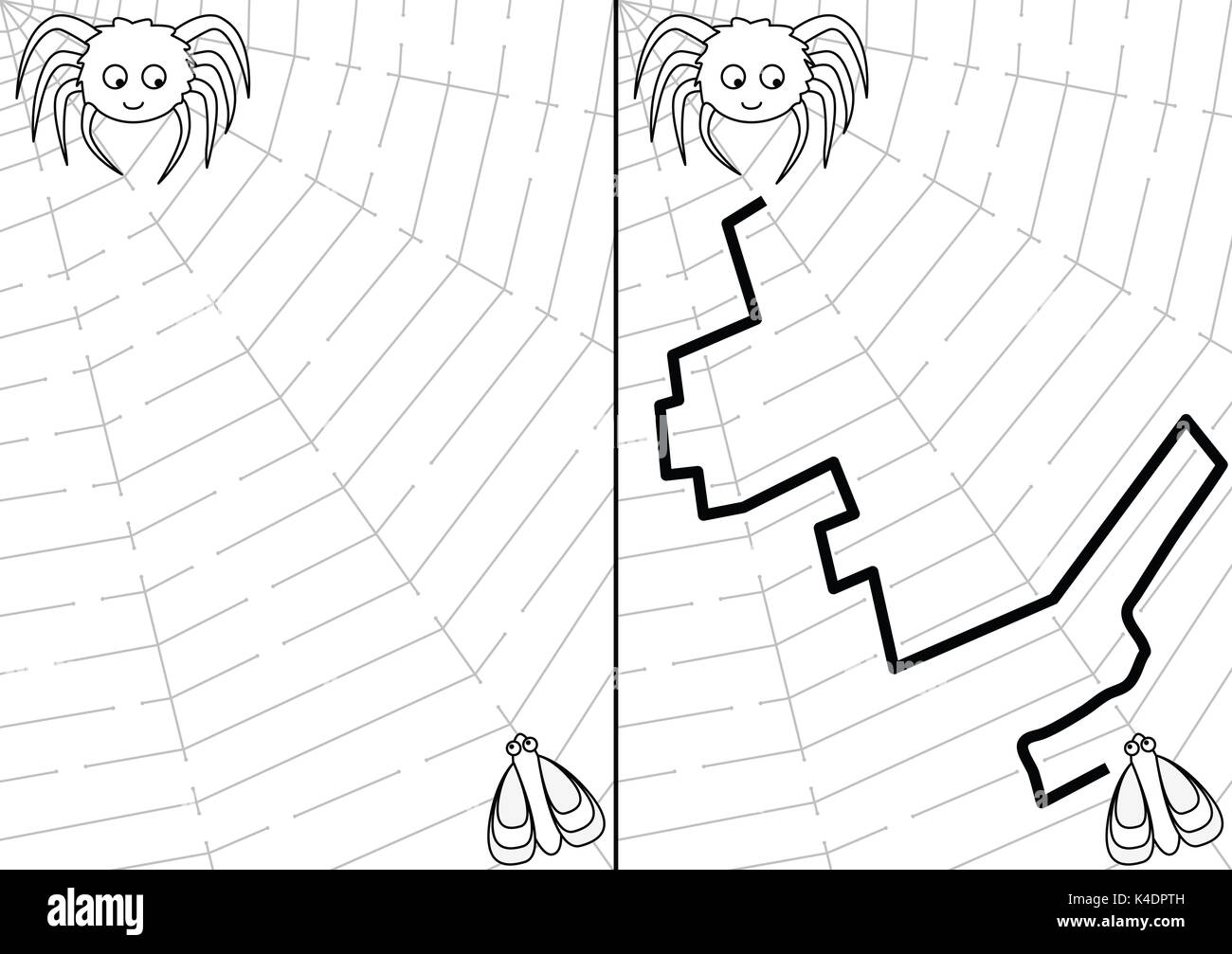 Spider maze for kids with a solution in black and white Stock Photo - Alamy