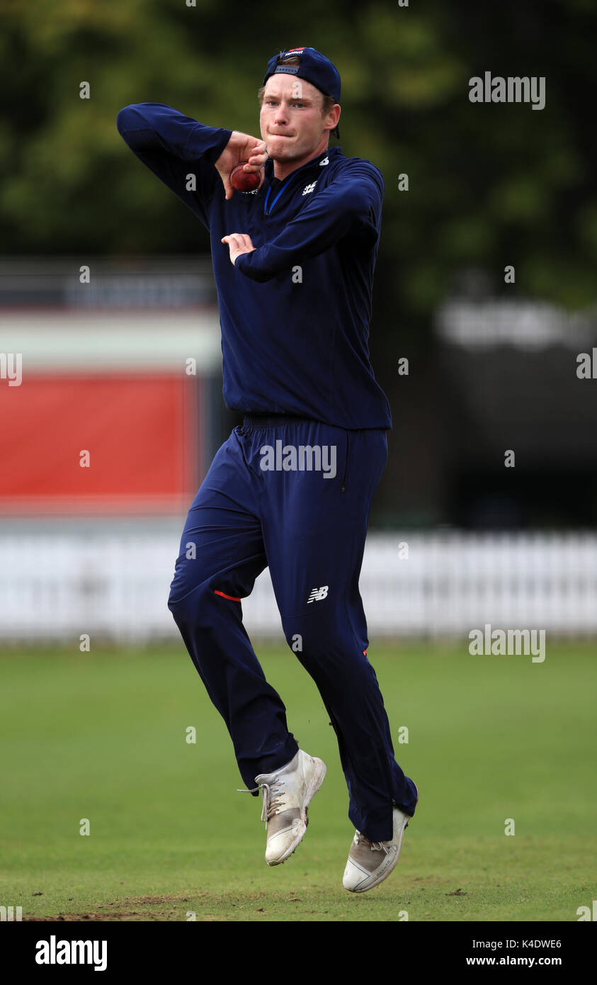 England's Mason Crane during the nets session at Lords, London Stock ...