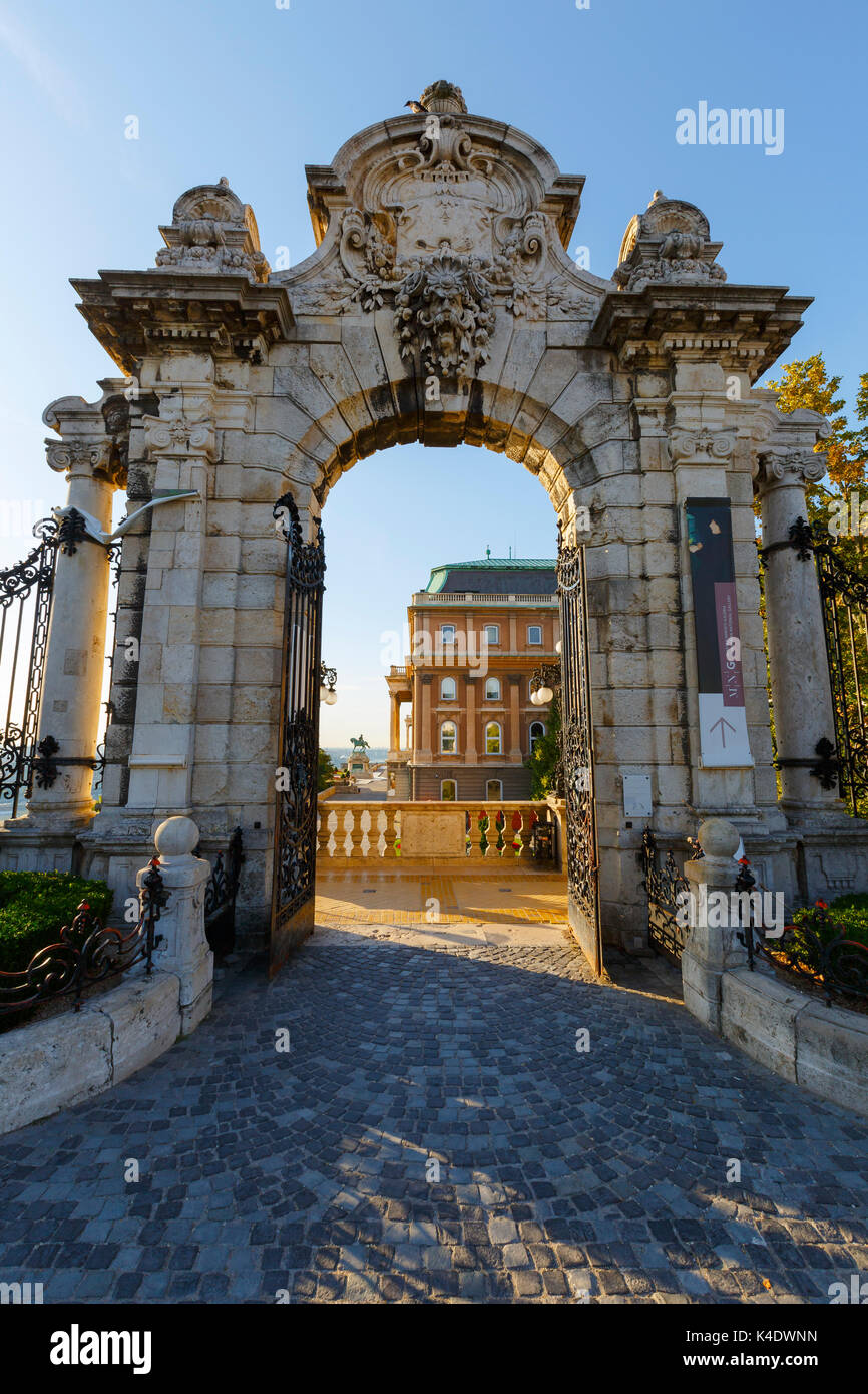 Morning view of Buda castle through a gate of the complex Stock Photo ...