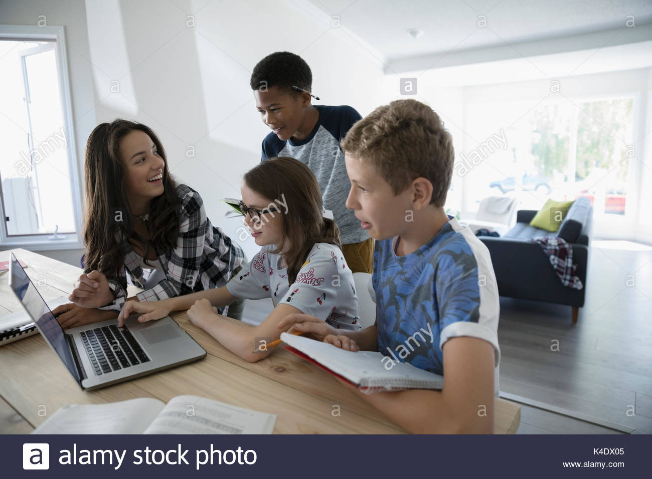 Teenagers doing homework, studying at laptop at dining table Stock ...