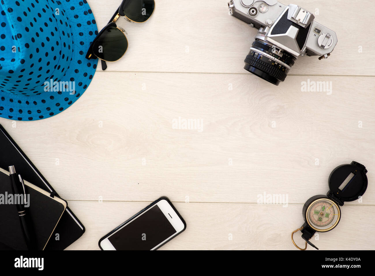 Travel concept flat lay overhead, with camera and sun glasses Stock ...