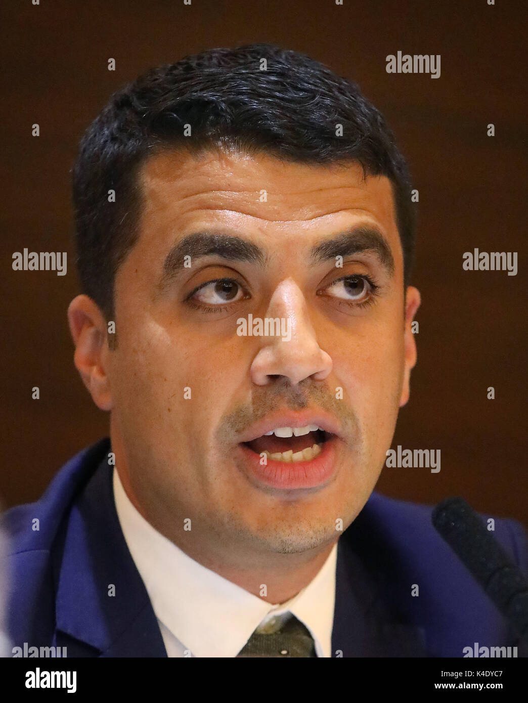 Adam Morallee speaking during the press conference at the Park Plaza ...