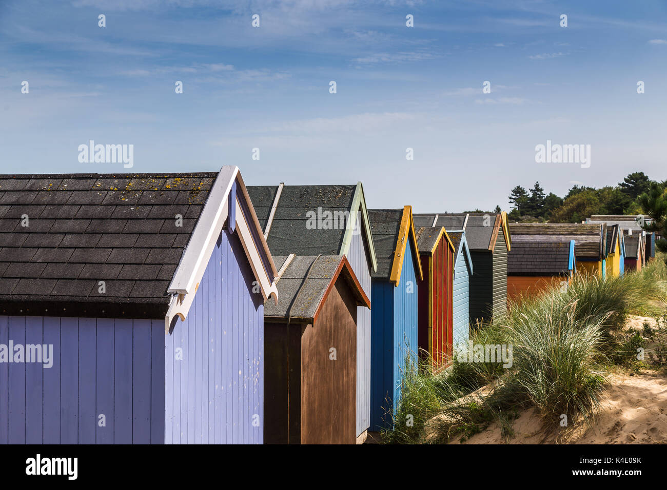 The varying colours of wooden beach huts in a line by the edge of the ...