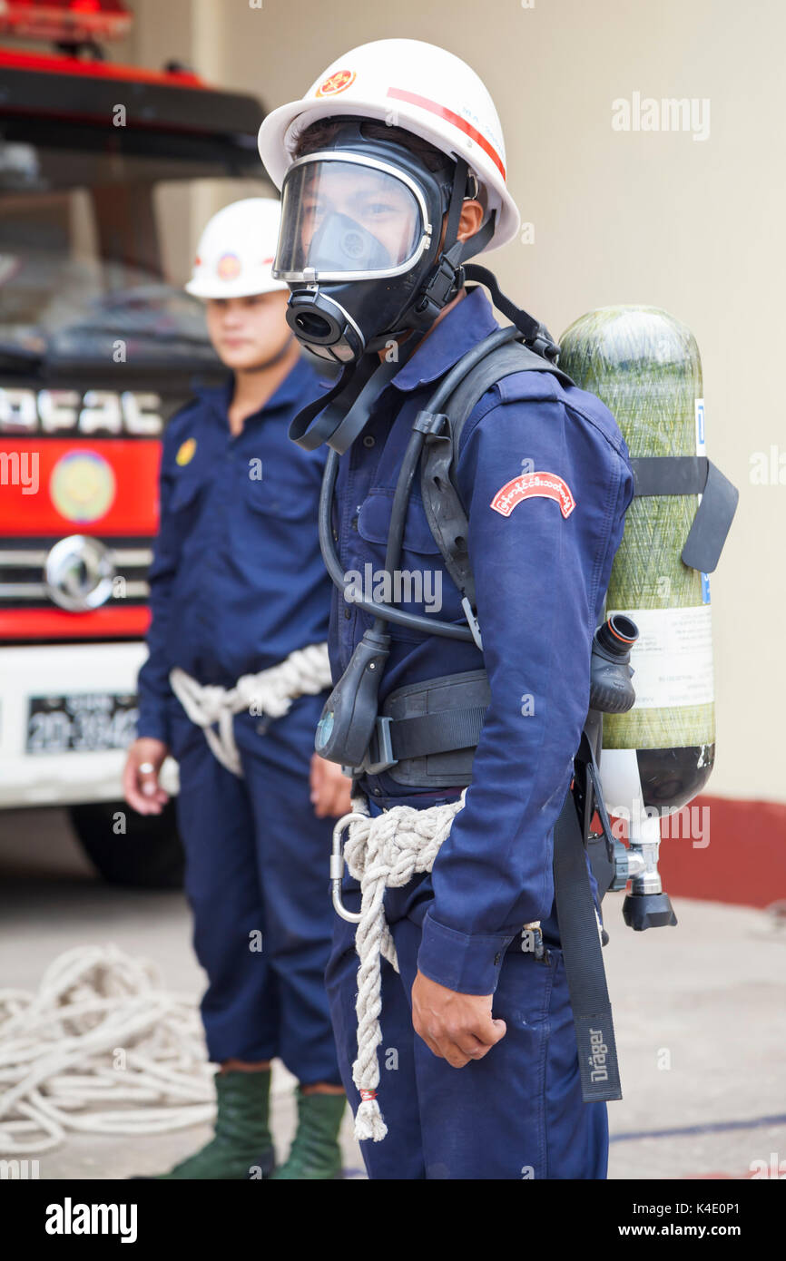 Myanmar firemen with breathing apparatus on weekly practice drill ...