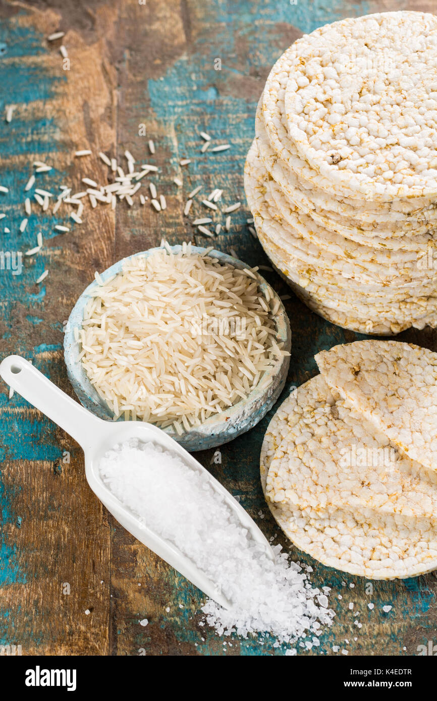 Healthy puffed rice cakes crackers stacked with sea salt close up Stock ...